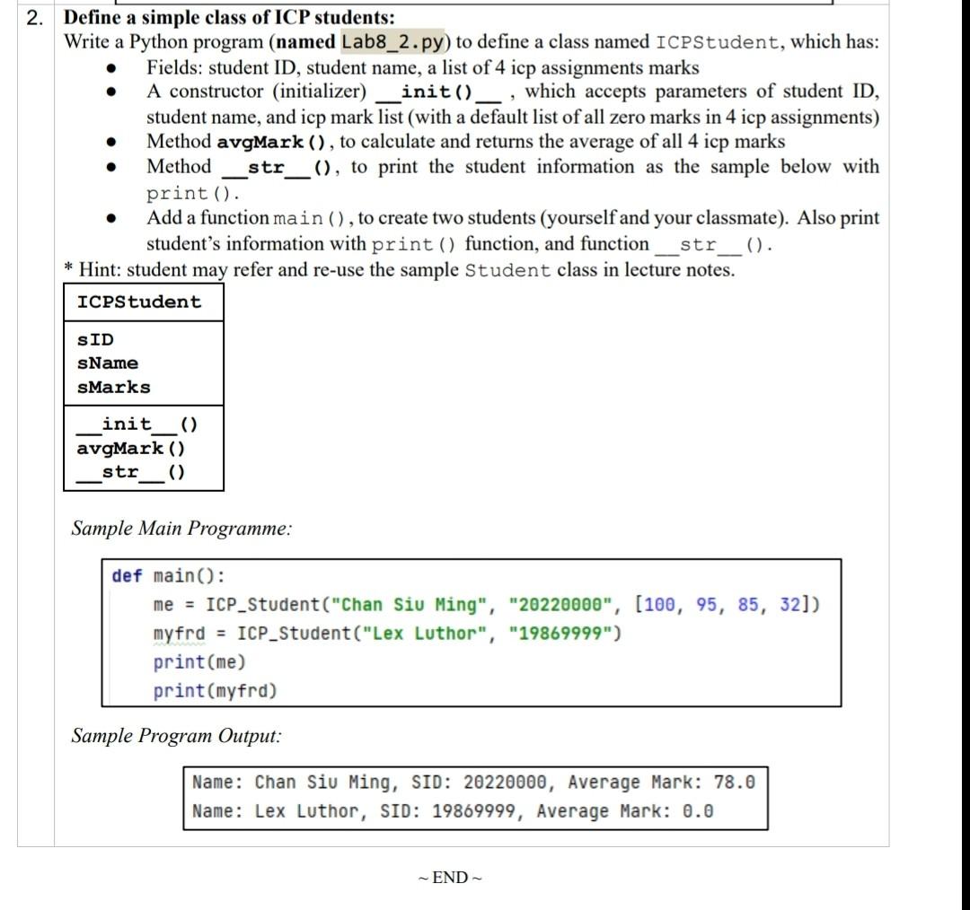 Solved Define a simple class of ICP students: Write a Python | Chegg.com
