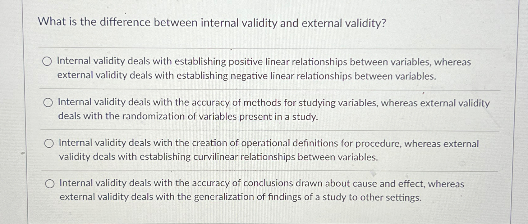 Solved What is the difference between internal validity and | Chegg.com