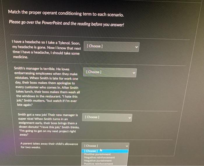 Solved Match the proper operant conditioning term to each | Chegg.com
