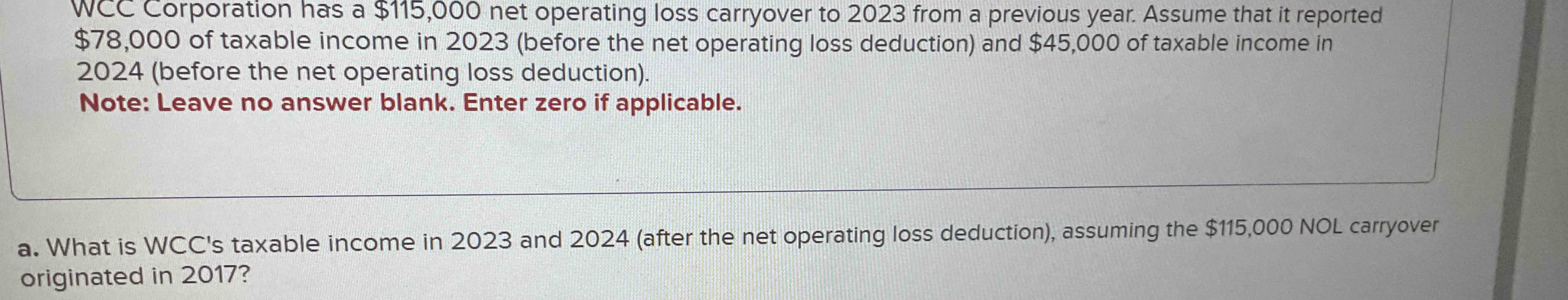 WCC Corporation has a $115,000 ﻿net operating loss | Chegg.com