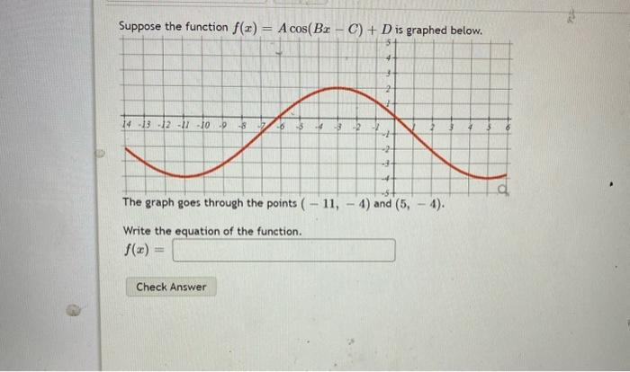 Solved Suppose the function f(x)=Acos(Bx−C)+D is graphed The | Chegg.com