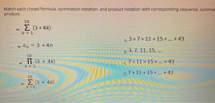 Solved Ž0+ Match each closed formula, summation notation, | Chegg.com