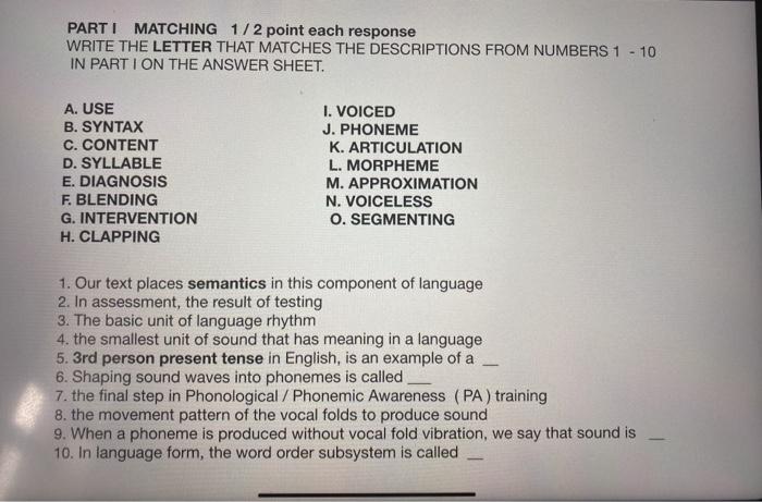 Solved PARTI MATCHING 1/2 point each response WRITE THE | Chegg.com