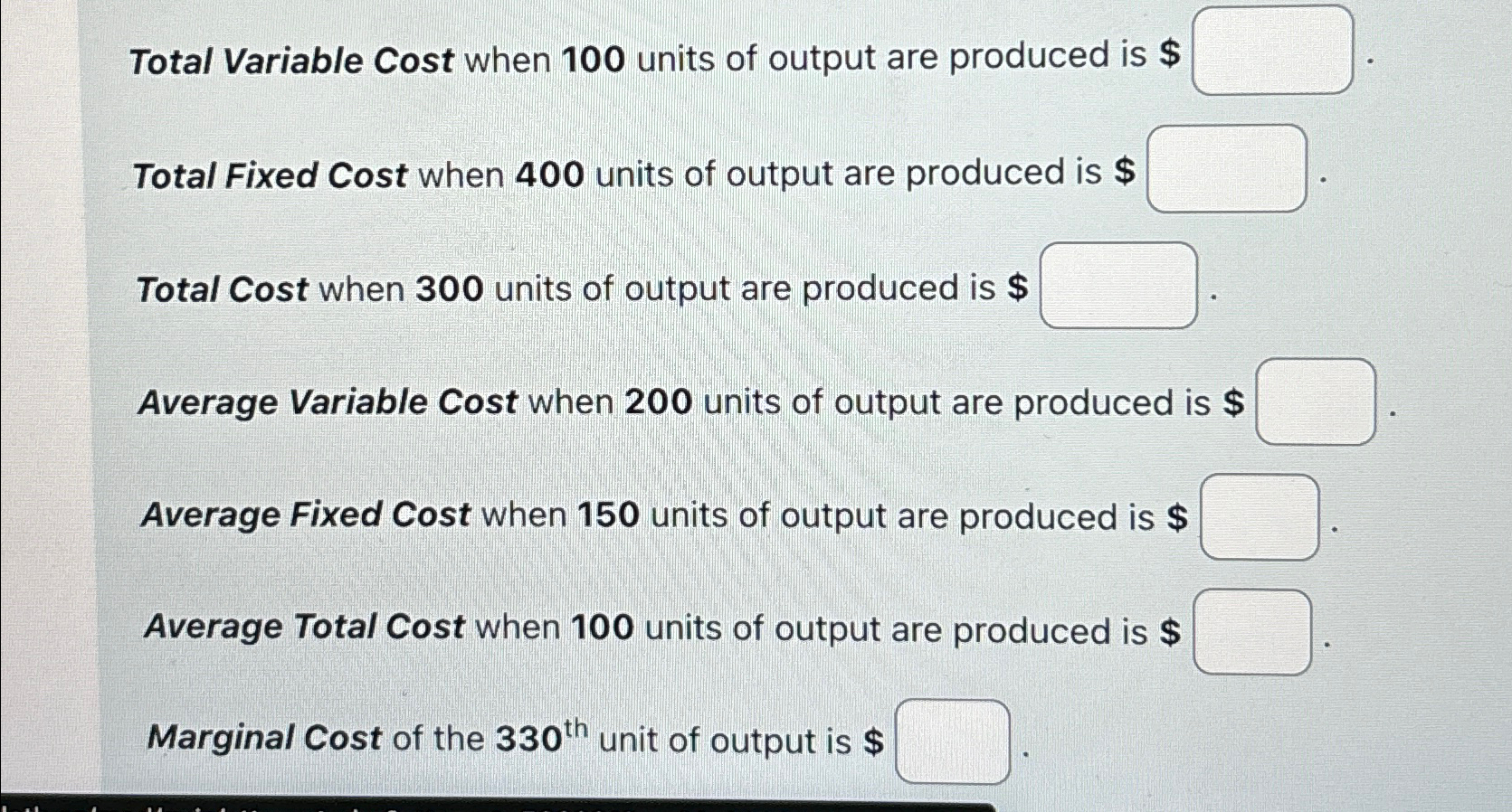 Solved Total Variable Cost when 100 ﻿units of output are | Chegg.com
