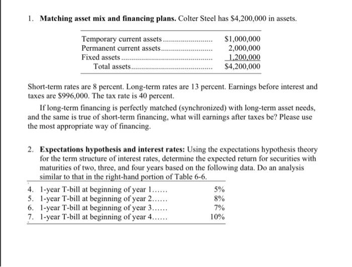 Solved 1. Matching asset mix and financing plans. Colter | Chegg.com