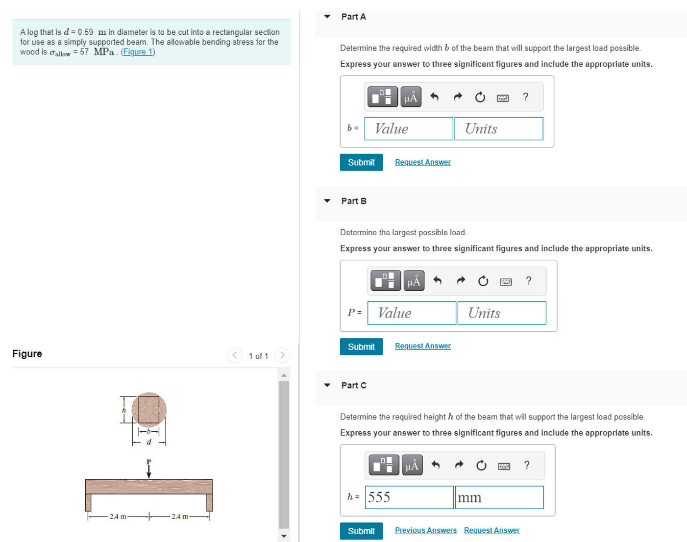 Solved A log that is d=0.59m ﻿in diameter is to be cut into | Chegg.com