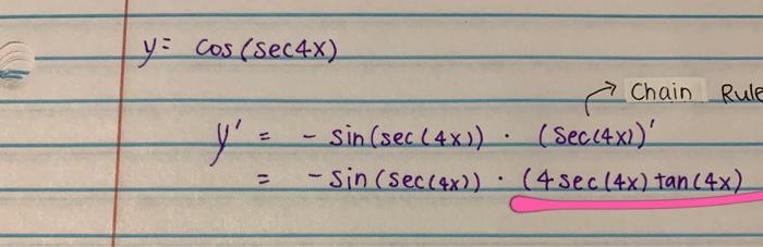 Solved y cos (Sec4x) Chain Rule sin (sec (4x)) · (Secc4x)' - | Chegg.com