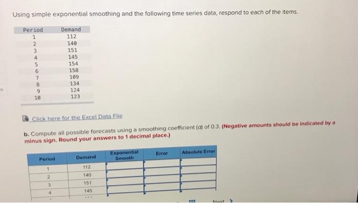 Solved Using simple exponential smoothing and the following | Chegg.com