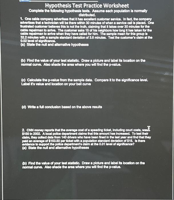 Solved Hypothesis Test Practice Worksheet complete the | Chegg.com