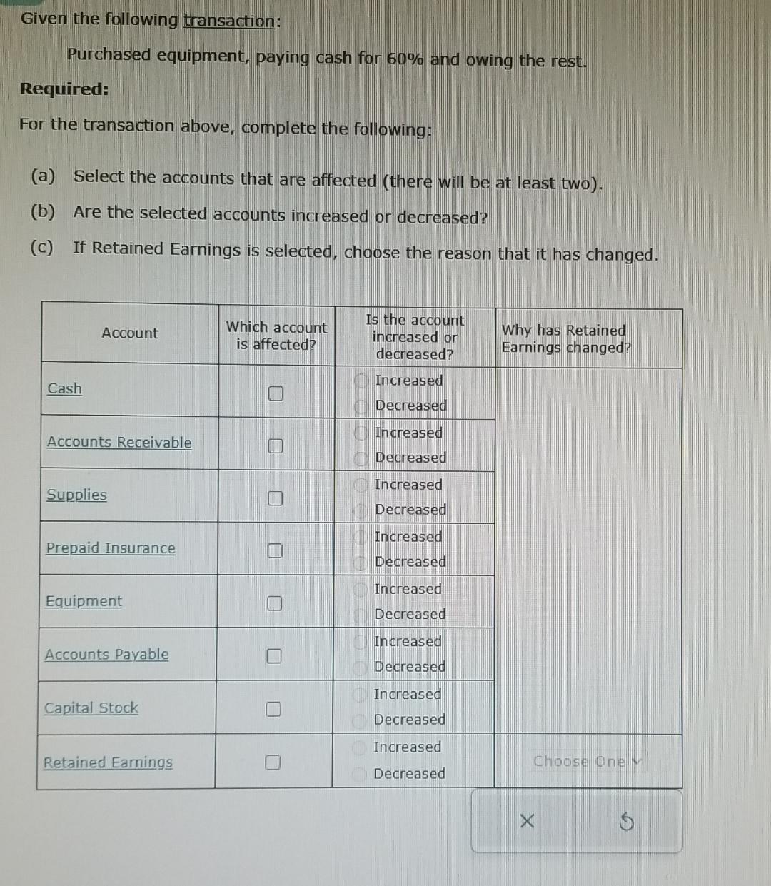 Solved Given the following transaction:Purchased equipment, | Chegg.com