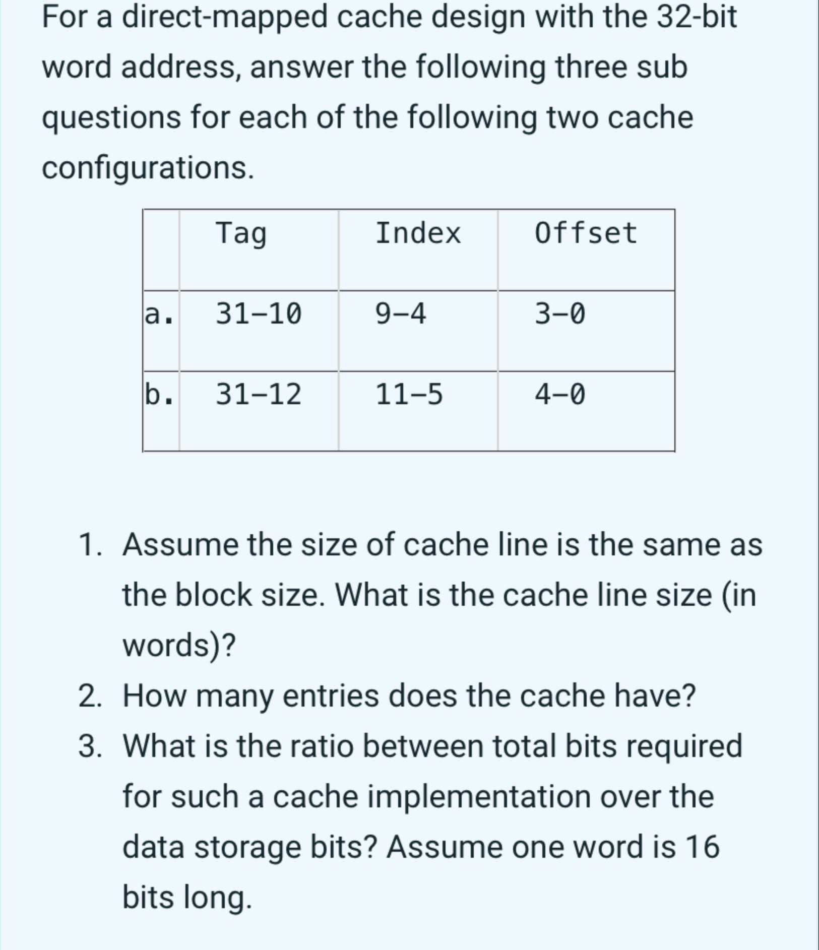 Solved For a direct-mapped cache design with the 32-bitword | Chegg.com