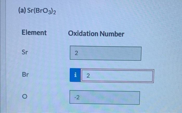 Solved (a) Sr(BrO3)2 Element Oxidation Number Sr 2 Br i 2 о | Chegg.com