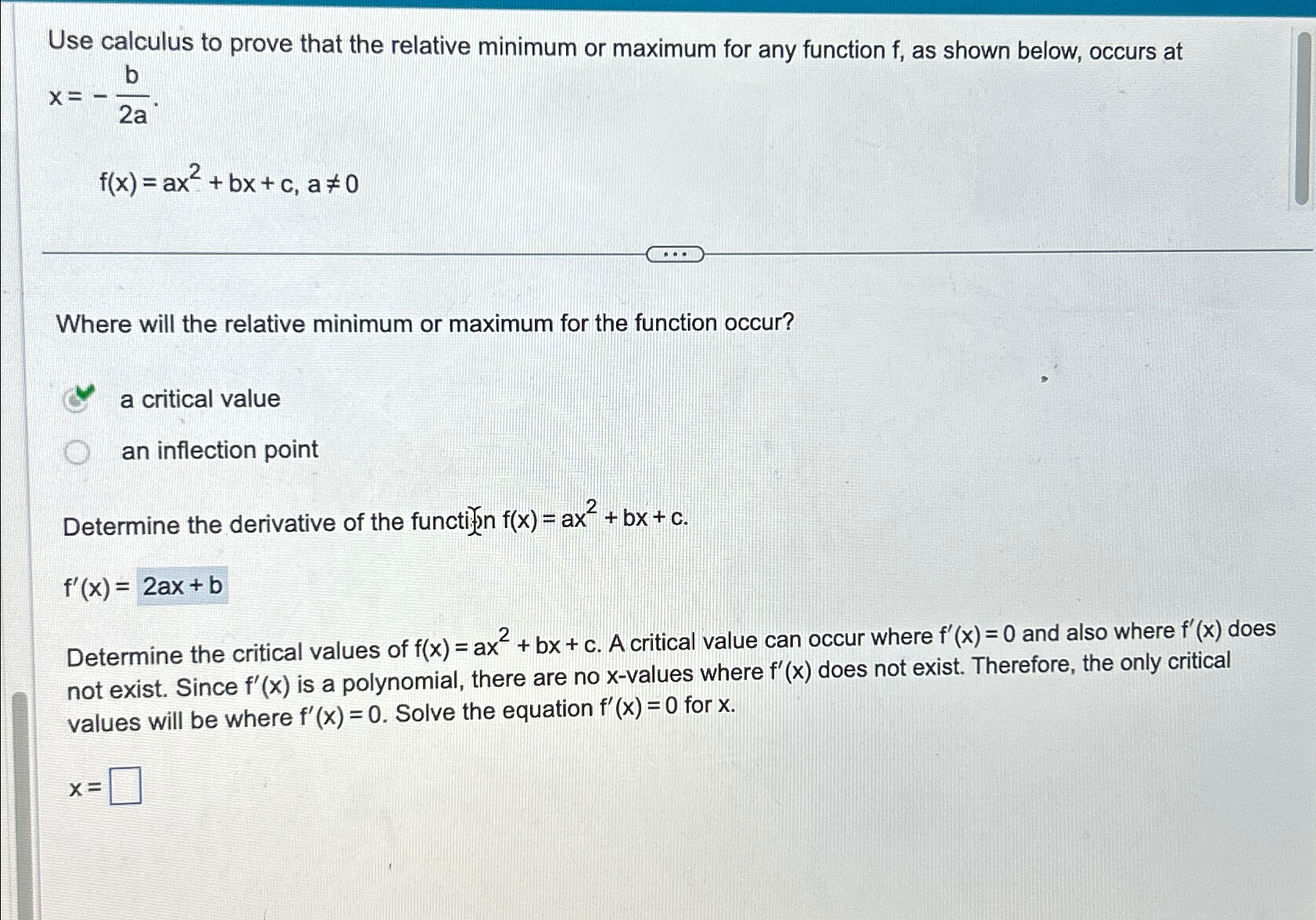Solved Use calculus to prove that the relative minimum or | Chegg.com