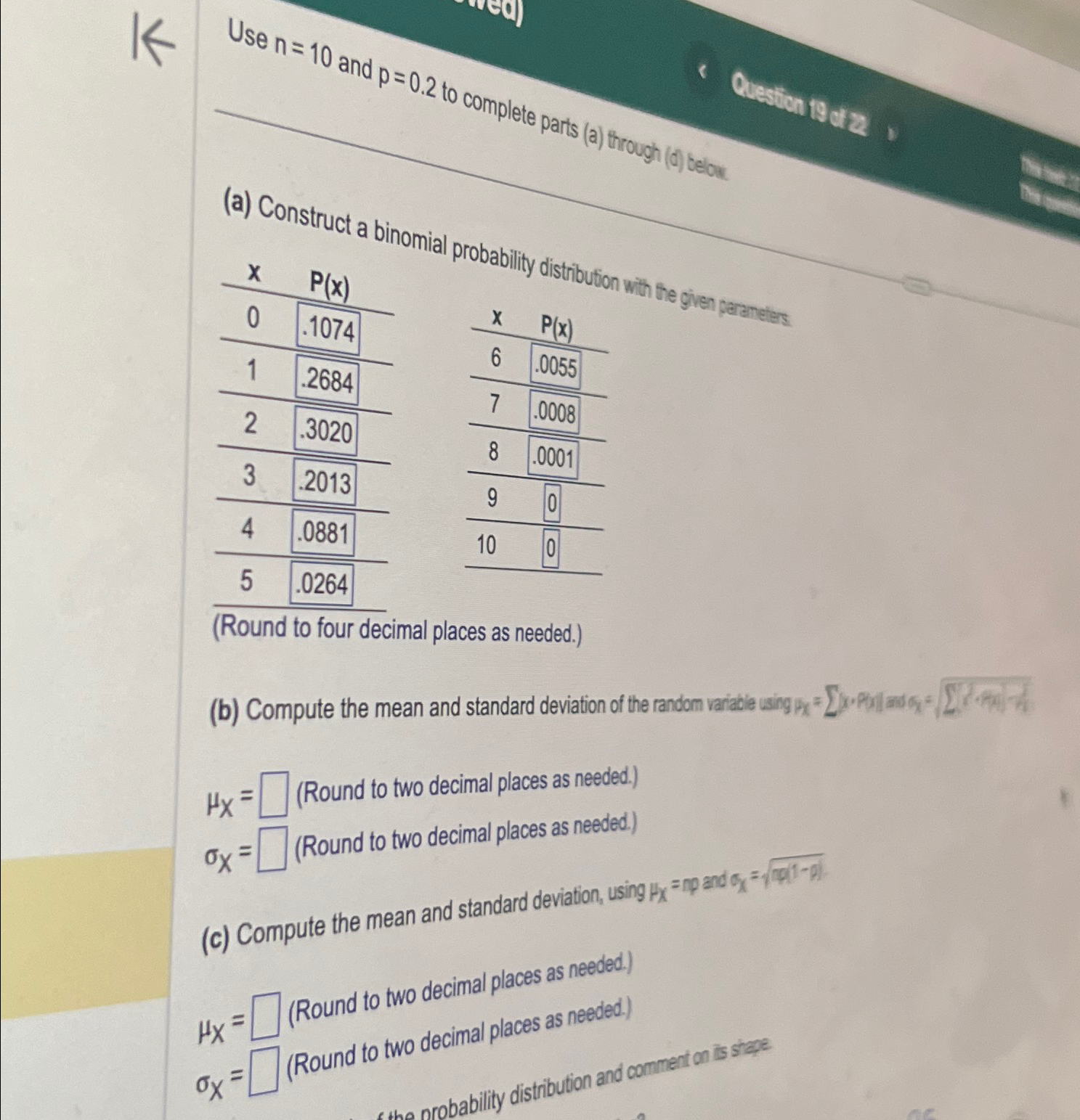 Solved Use n=10 ﻿and p=0.2 ﻿to complete parts (a) ﻿through | Chegg.com