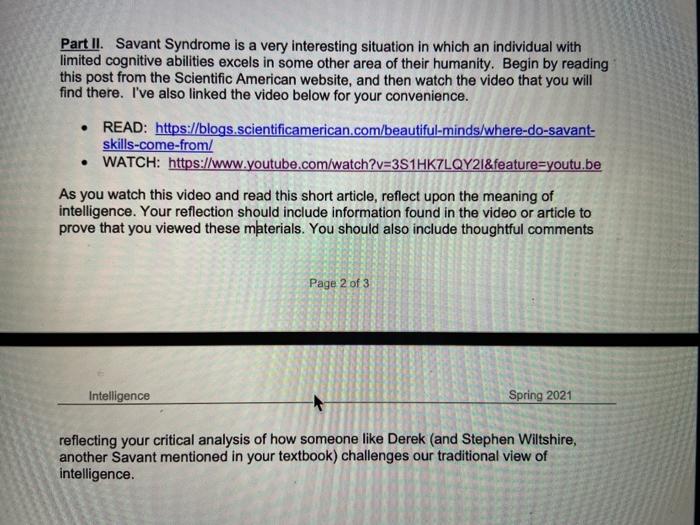 Part II. Savant Syndrome is a very interesting | Chegg.com