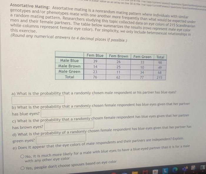 Solved Assortative Mating: Assortative mating is a nonrandom | Chegg.com
