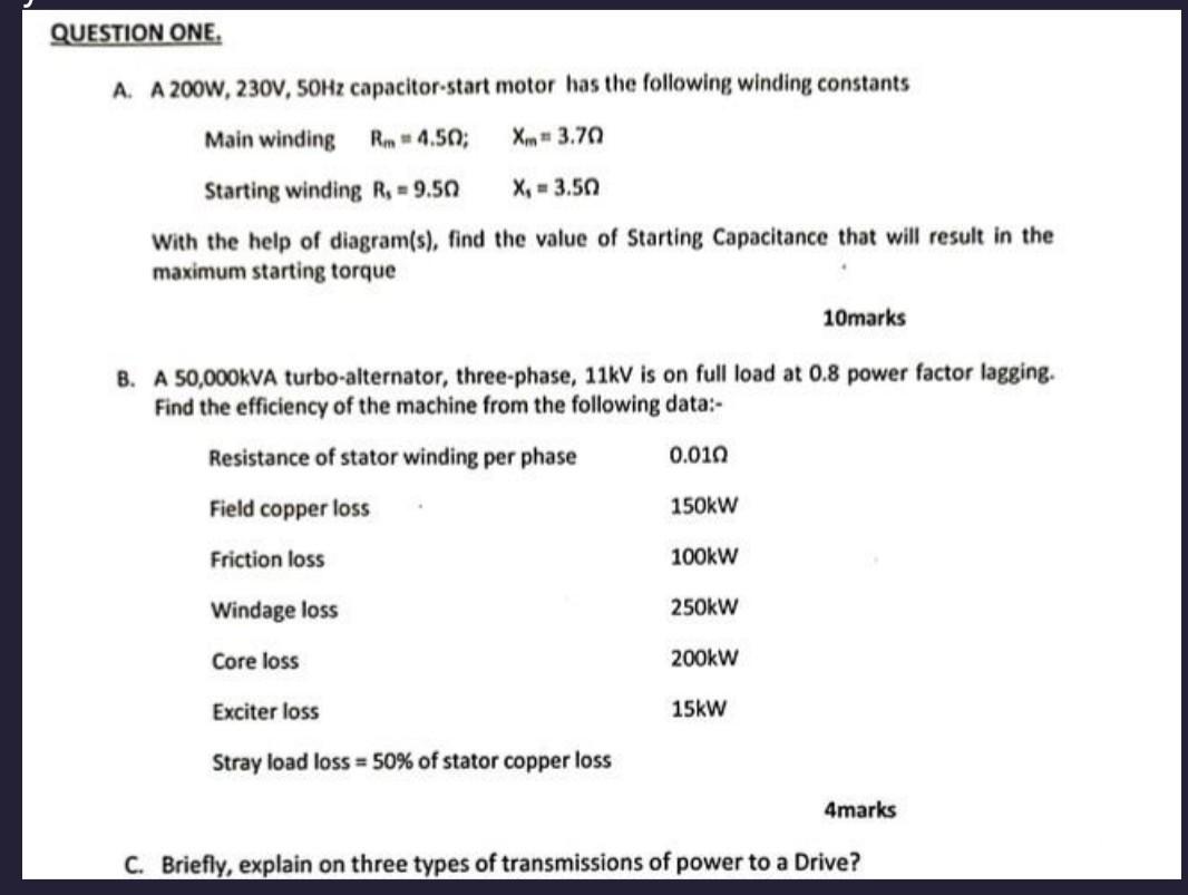Solved Main winding Rm=4.5Ω;Xm=3.7Ω Starting winding | Chegg.com