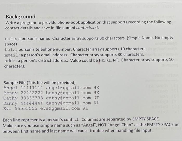 Solved Background Write a program to provide phone-book | Chegg.com