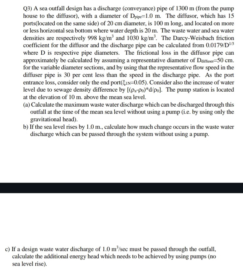 Solved Q3) ﻿A sea outfall design has a discharge | Chegg.com