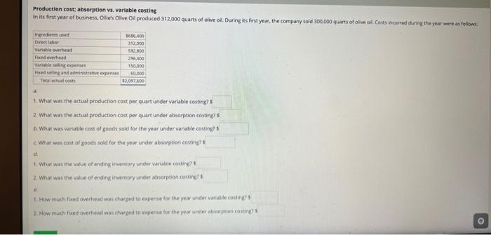 Solved Production cost; absorption vs. variable costing In | Chegg.com