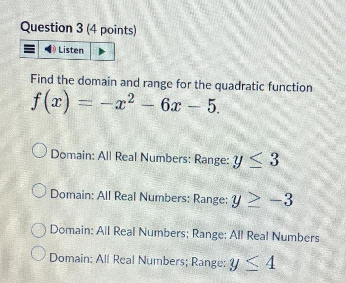 Solved Find the domain and range for the quadratic function | Chegg.com