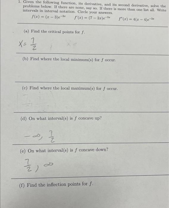 Solved 1. Given the following function, its derivative, and | Chegg.com