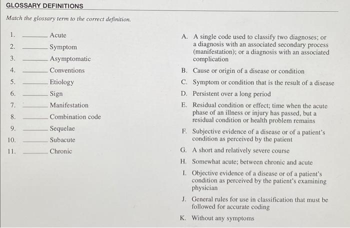 Solved GLOSSARY DEFINITIONS Match the glossary term to the | Chegg.com