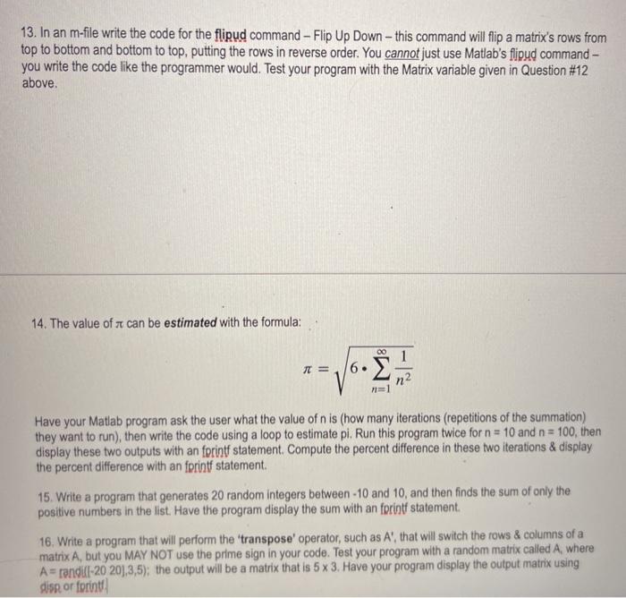 Solved 13. In an m-file write the code for the flipud | Chegg.com