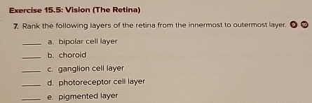 Solved Exercise 15.5: Vision (The Retina)7. ﻿Rank the | Chegg.com