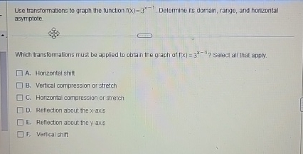 Solved Use transformations to graph the function f(x)=3x-1. | Chegg.com