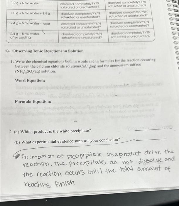 Solved G. Observing Ionic Reactions in Solution 1. Write the | Chegg.com
