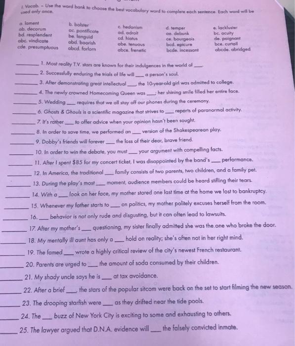 Vocab. - Use the word bank to choose the best | Chegg.com