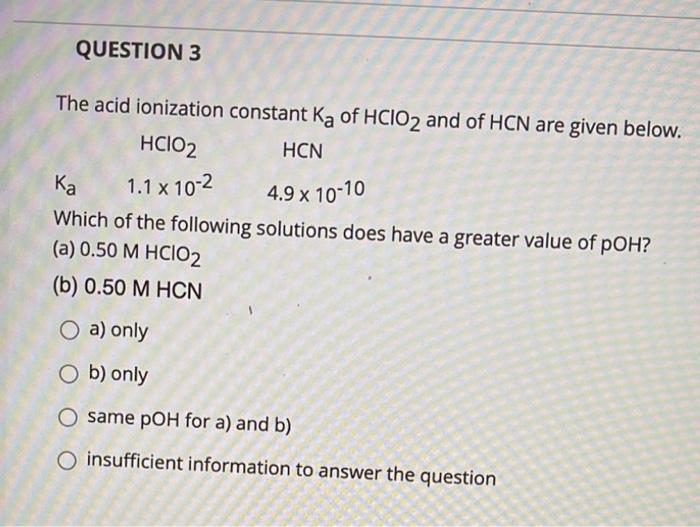 Solved QUESTION 3 The acid ionization constant ka of HClO2 | Chegg.com