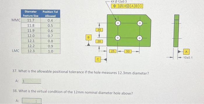 Solved 37. What is the allowable positional tolerance if the | Chegg.com