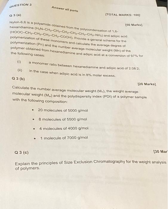 Solved [20 Marks] Calculate the number average molecular | Chegg.com