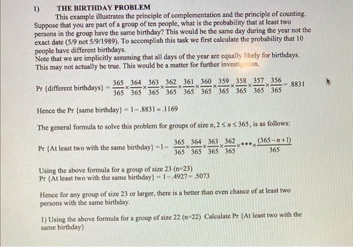 Solved 1) THE BIRTHDAY PROBLEM This example illustrates the | Chegg.com