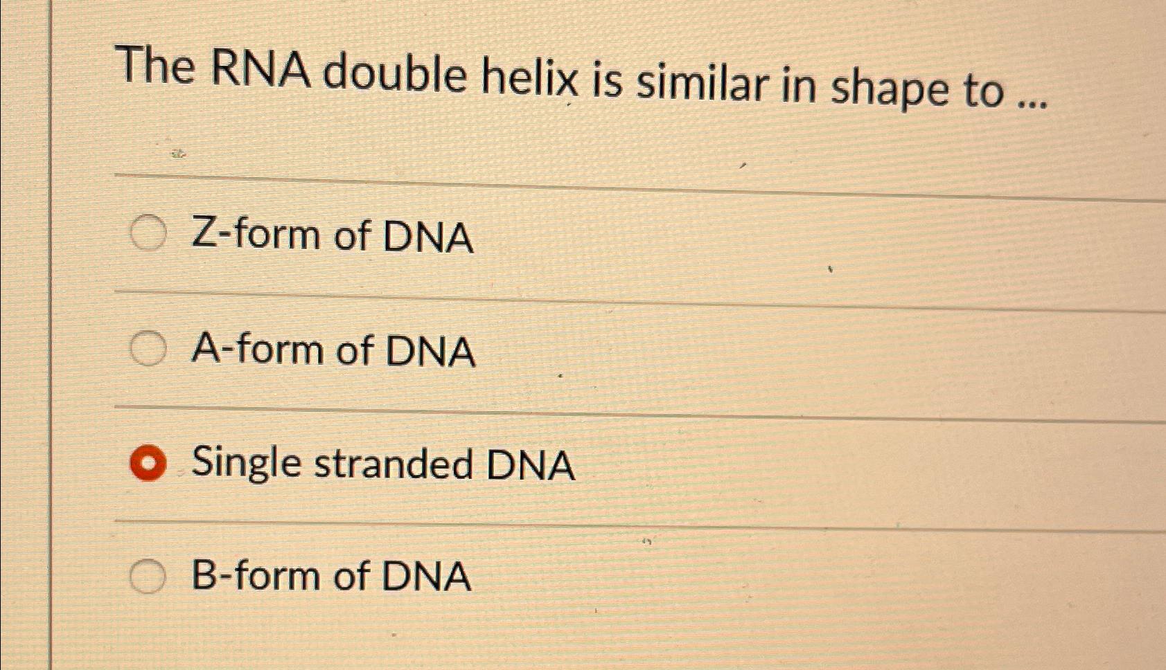 Solved The RNA double helix is similar in shape to ...Z-form | Chegg.com