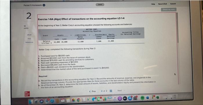 Solved Exercise 1-6A (Algo) Effect of transactions on the | Chegg.com