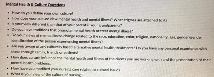 Solved Mental Health & Culture Questions . How do you define | Chegg.com