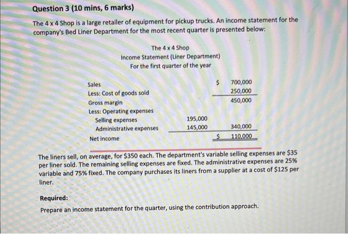 Solved Question 3 (10 mins, 6 marks) The 4×4 Shop is a large | Chegg.com