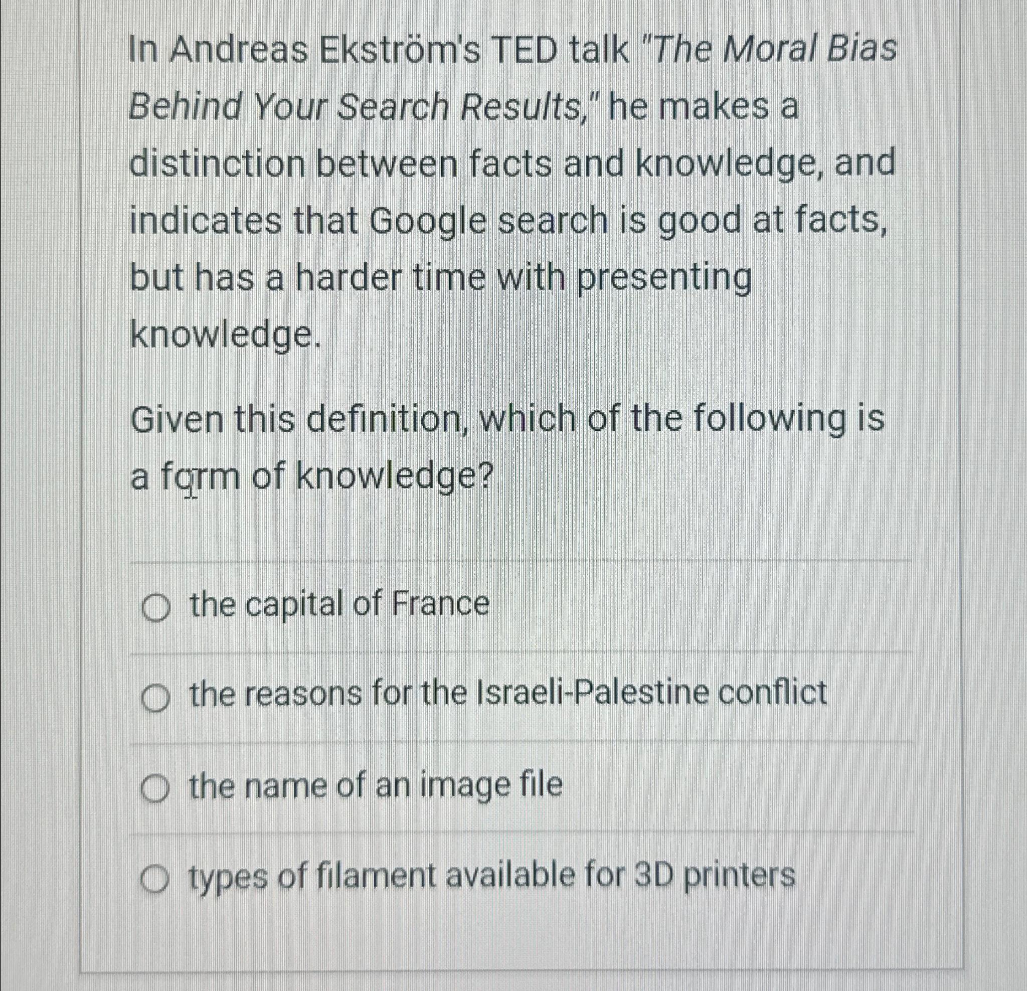 Solved In Andreas Ekström's TED talk "The Moral Bias Behind | Chegg.com