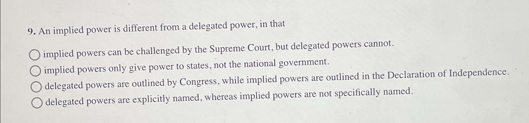 Solved An implied power is different from a delegated power, | Chegg.com