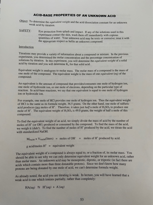 ACID-BASE PROPERTIES OF AN UNKNOWN ACID Object: To | Chegg.com