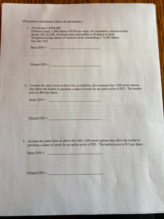 Solved EPS practice calculations (Show all calculations.) 1. | Chegg.com