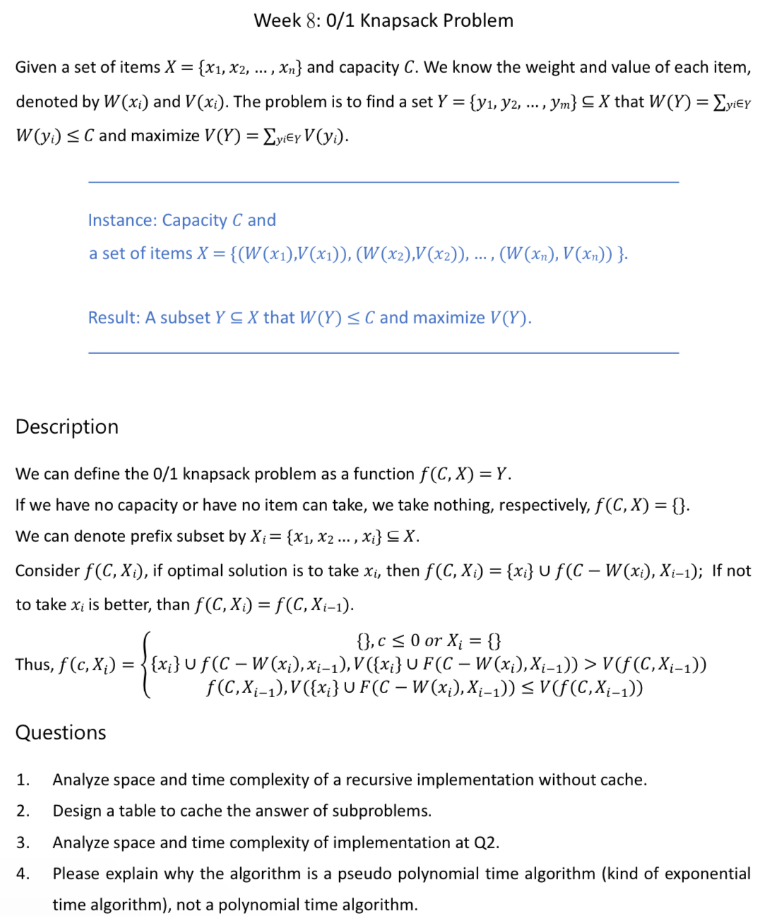 Solved Week 8: 0/1 ﻿Knapsack ProblemGiven a set of items | Chegg.com