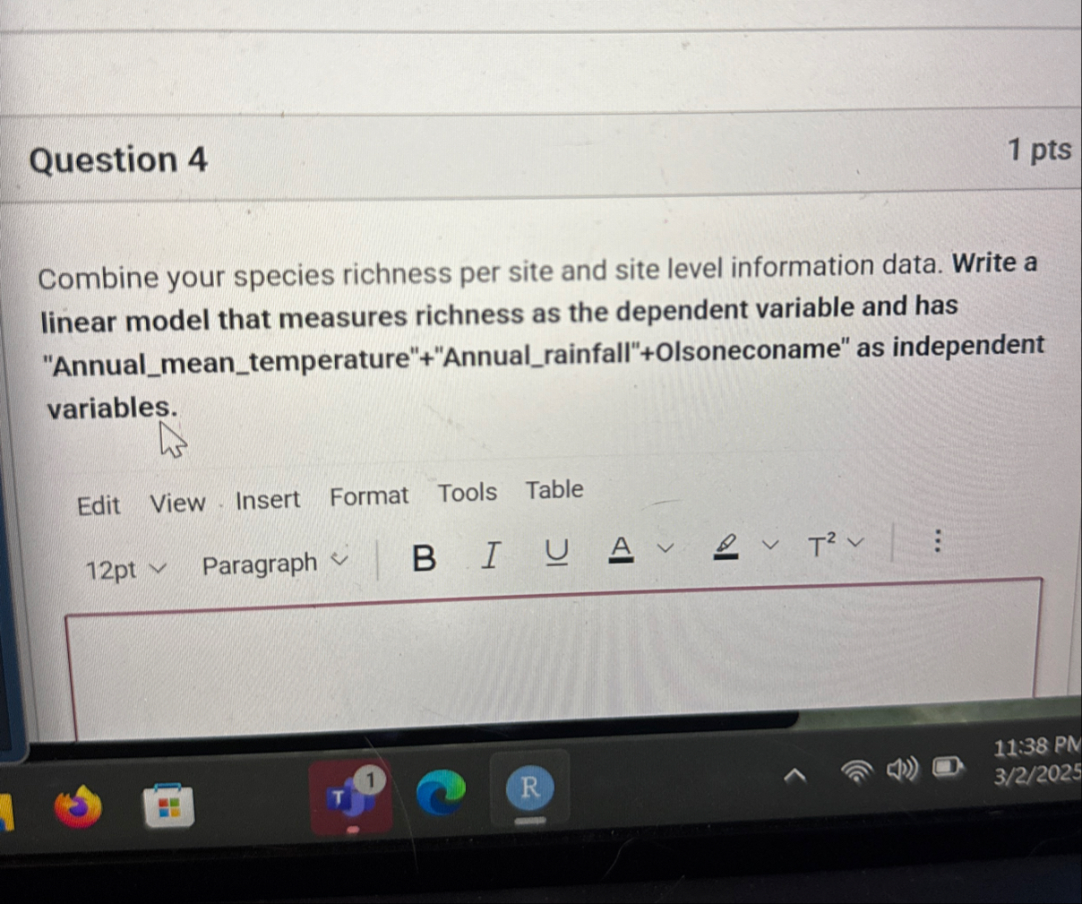 Solved Question 41 ﻿ptsCombine your species richness per | Chegg.com