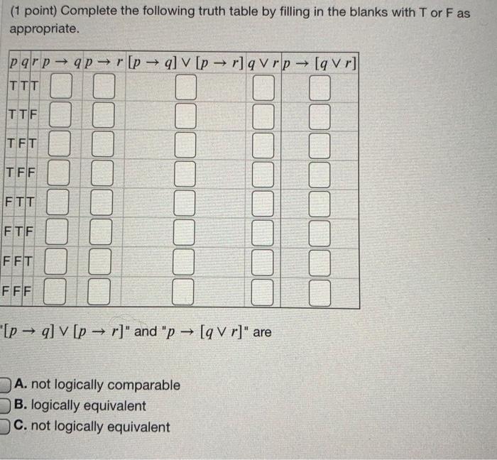 Solved (1 point) Complete the following truth table by | Chegg.com