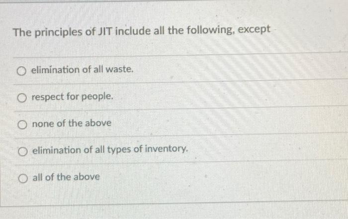 Solved The principles of JIT include all the following, | Chegg.com
