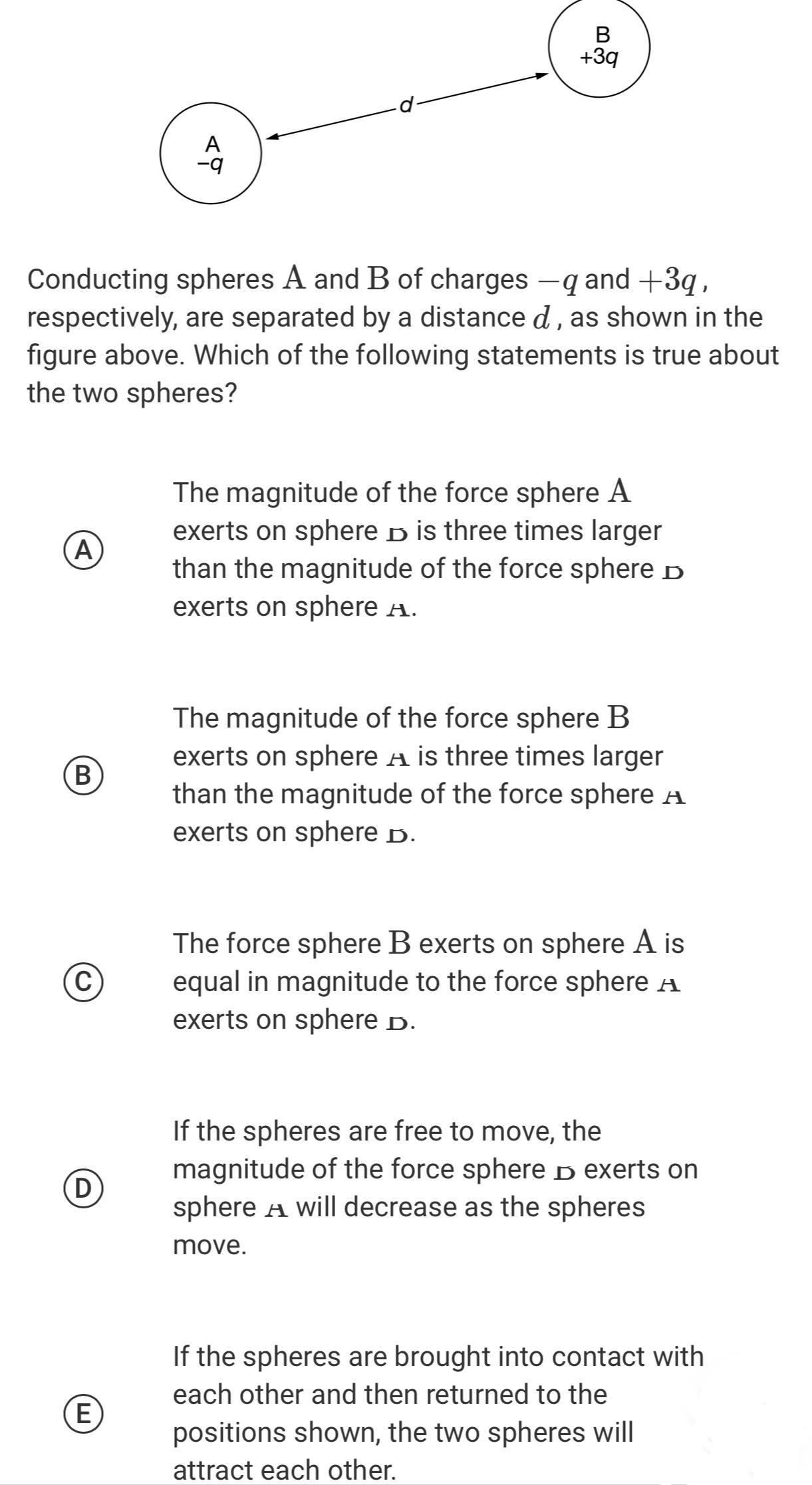 Solved Conducting spheres A and B ﻿of charges -q ﻿and +3q, | Chegg.com