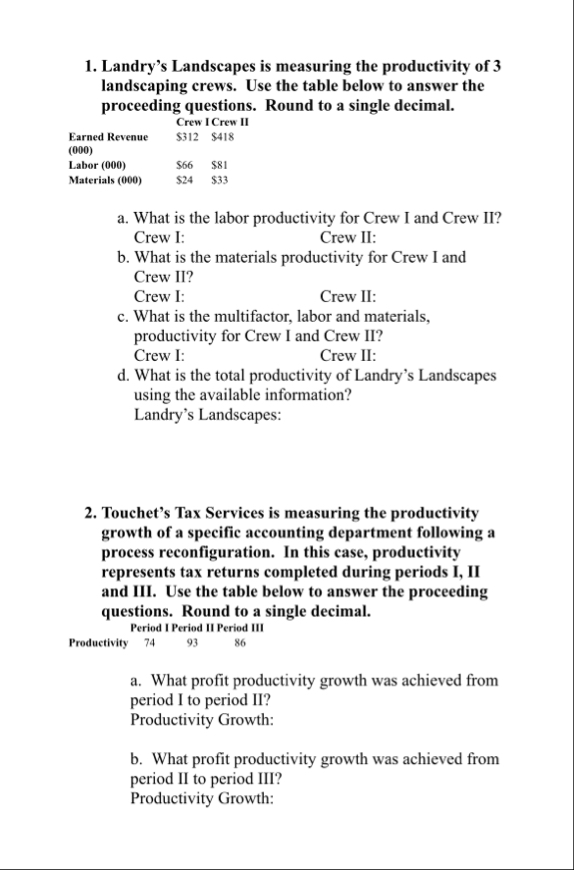 Solved Landry's Landscapes is measuring the productivity of | Chegg.com